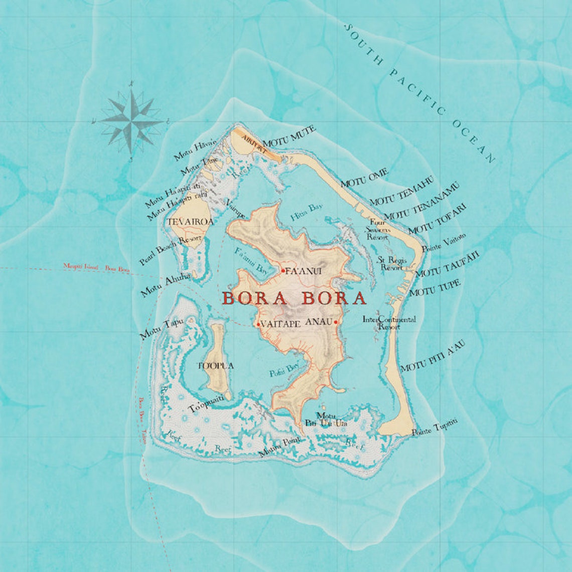 FRAMED Bora Bora Map Poster South Pacific Island Map Coastal - Etsy
