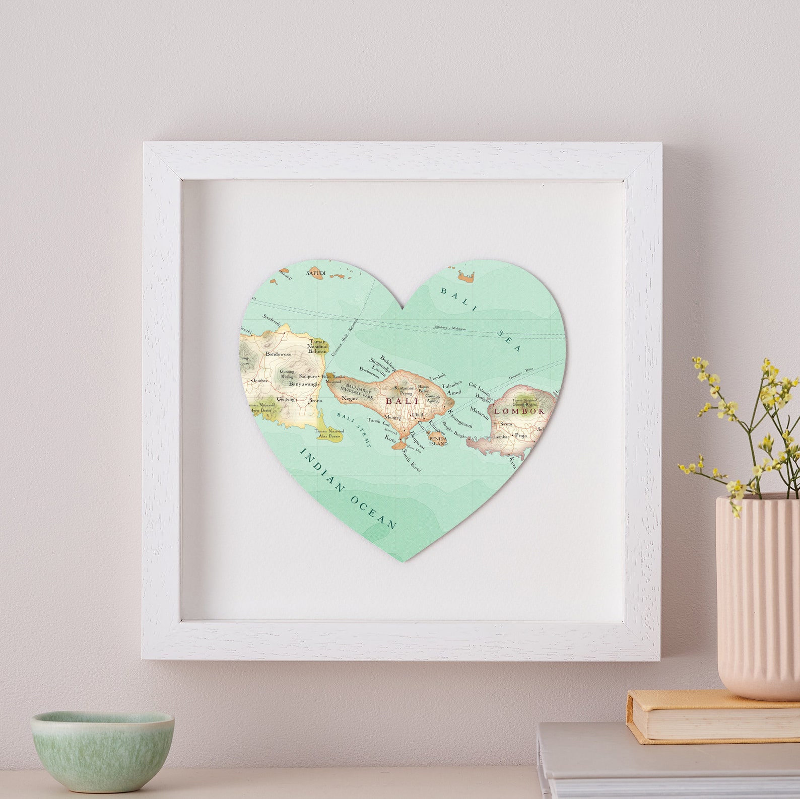 Bali Map Wall Art - Framed Print - Personalised Custom Square or Heart ...