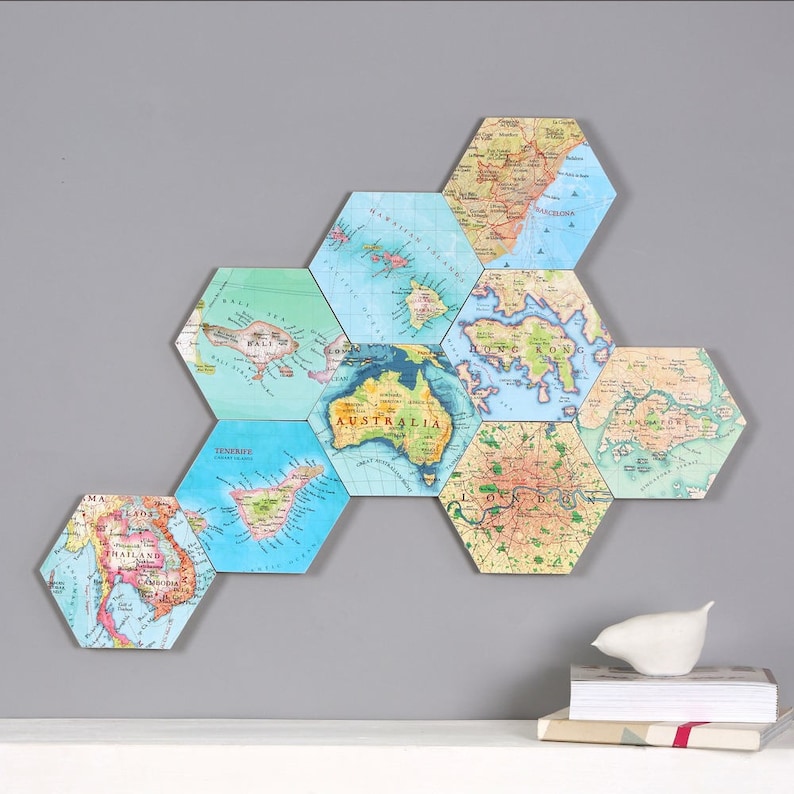 World Map Wall Art Hexagon Map Wall Art Personalised Home | Etsy