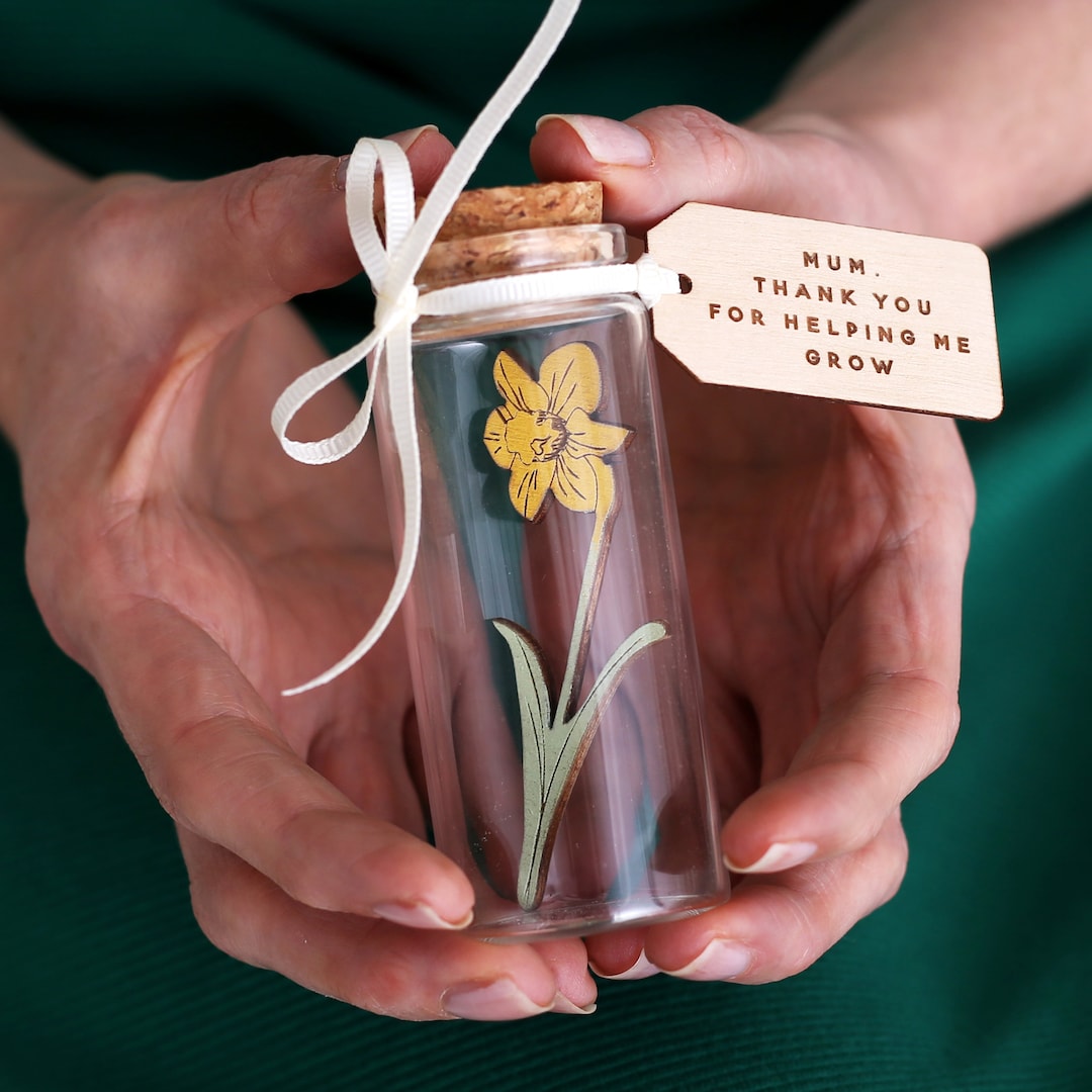 Daffodil Message Bottle With Personalised Mothers Day Wooden Flower for ...