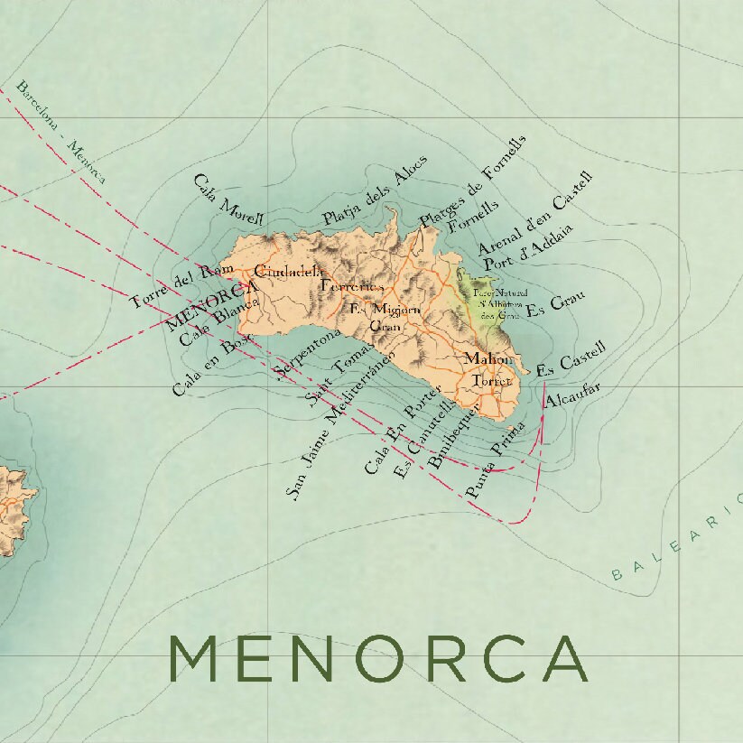 Menorca Map Print, Balearic Island Poster, Mediterranean Sea, Spain Map ...
