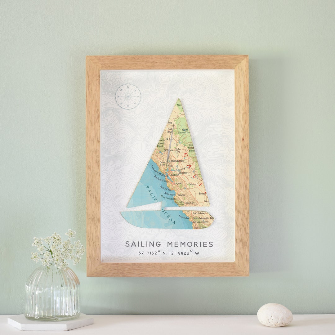 Sailing Boat Custom Map Artwork, Nautical Gift, Boat Print, Map Collage ...
