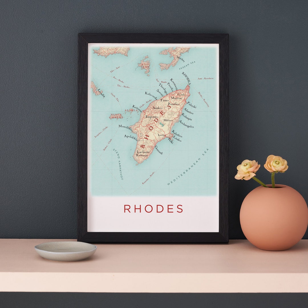 Stampa della mappa di Rodi con cornice, stampa della mappa di Rodi ...