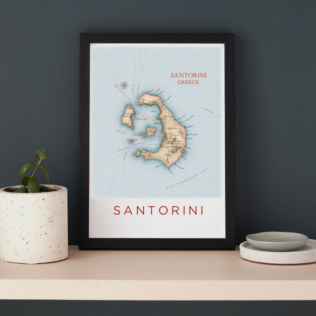 FRAMED Santorini Map Print, Santorini Greece Wall Art Poster, Wedding ...