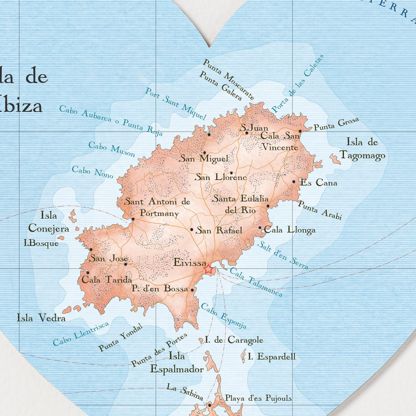 Ibiza map heart art print illustrated honeymoon map of Ibiza | Etsy