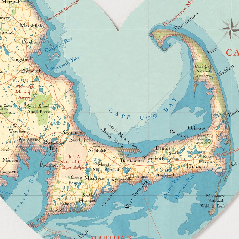 Cape Cod Map Wall Decor Print, Massachusetts Framed Wall Art, Map Heart ...