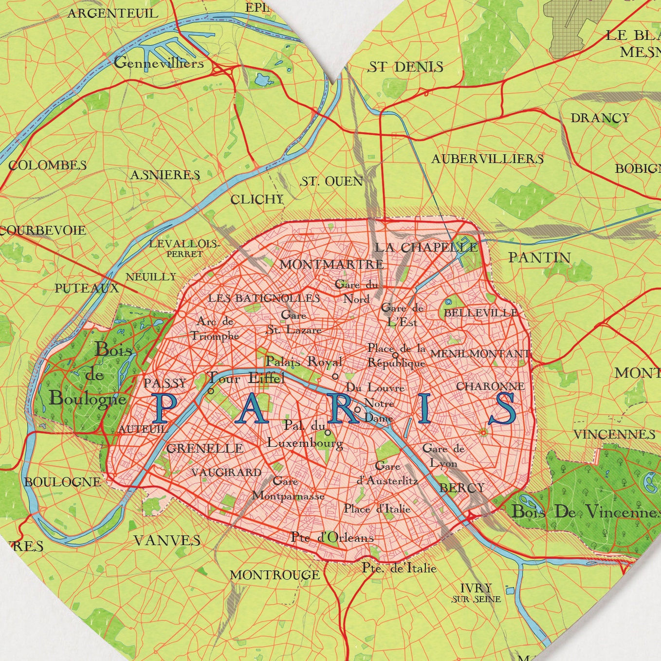 Paris Map Print in a Square or Heart Shape - Hand Drawn Vintage Map ...