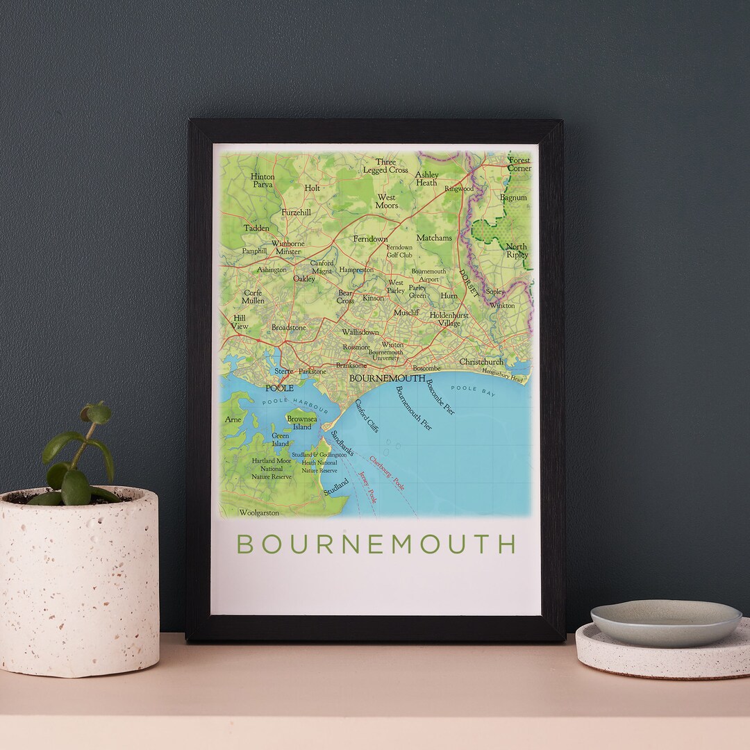 FRAMED Map of Bournemouth Dorset, Bournemouth Poster, Poole Harbour ...