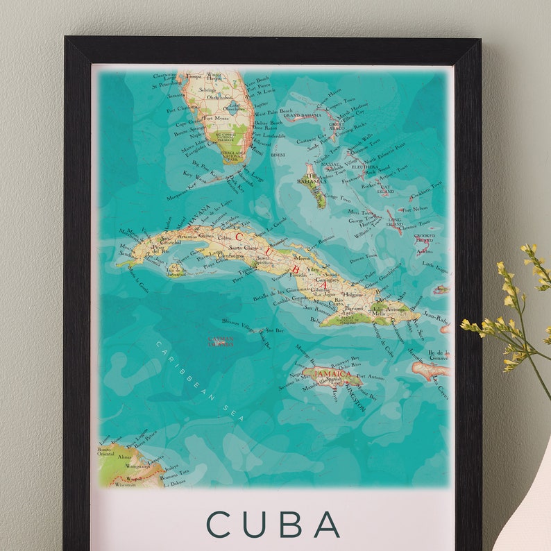 Cuba Map Poster, Map Print, Cuba Map, Caribbean Sea Map, Turquoise ...