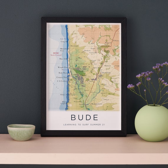 FRAMED Bude Cornwall Map Poster Bude Map Watercolour Print | Etsy