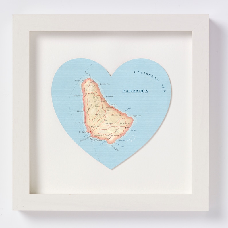 Barbados Map Wall Art Print, Map Heart Framed Print, Wedding ...