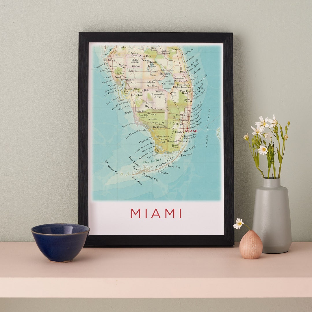 Miami Print, Map Poster, Florida Map, East Coast Wall Art, Florida Key ...
