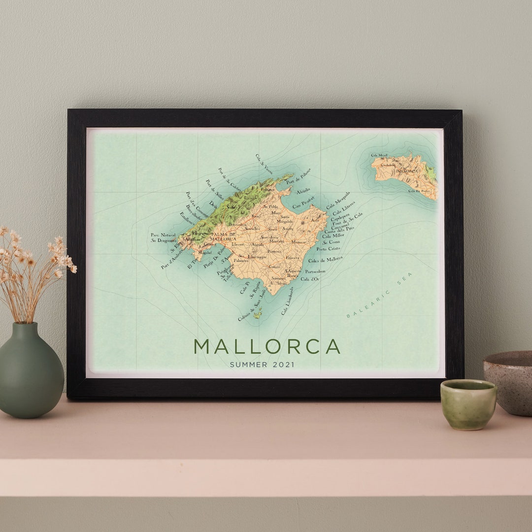 FRAMED Mallorca Map Poster, Personalised Majorca Wall Art Map, Gifts ...