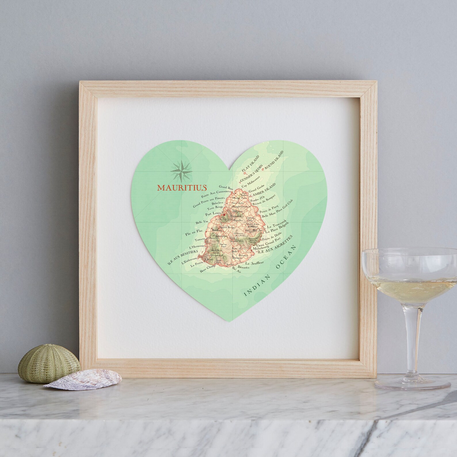 Mauritius map heart print illustrated honeymoon map of | Etsy
