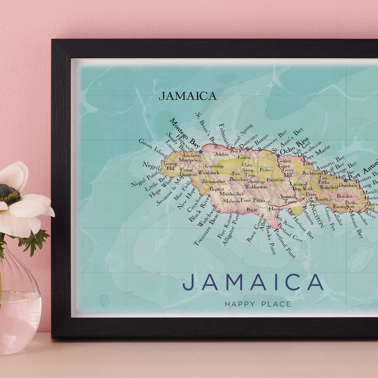 FRAMED Jamaica Map, Jamaica Poster, Caribbean Island Map, Map Print ...