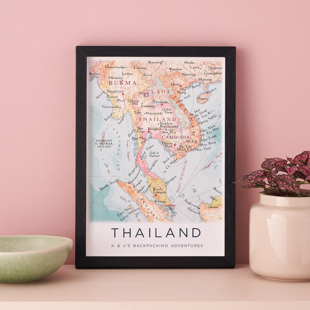 FRAMED Thailand Poster, Thailand Gallery Wall Art, Thailand Map Travel ...