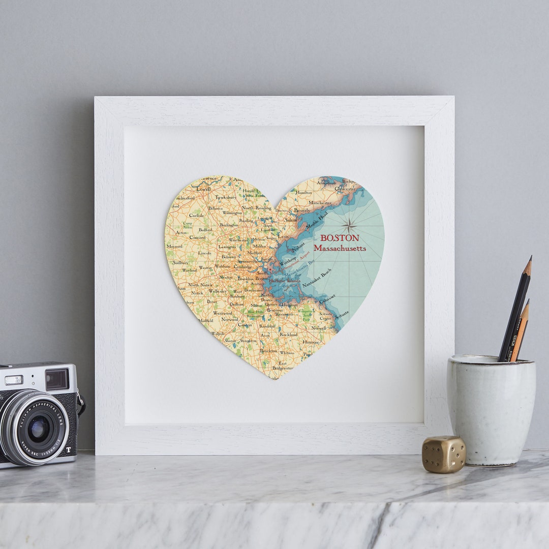 Boston Massachusetts Map Wall Art Decor, 3D Framed Map Print, Map Heart ...