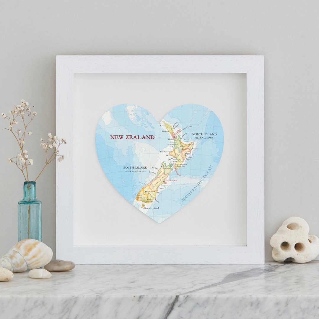 New Zealand Map Print - Custom Map Heart Print - Bombus Map - Framed ...