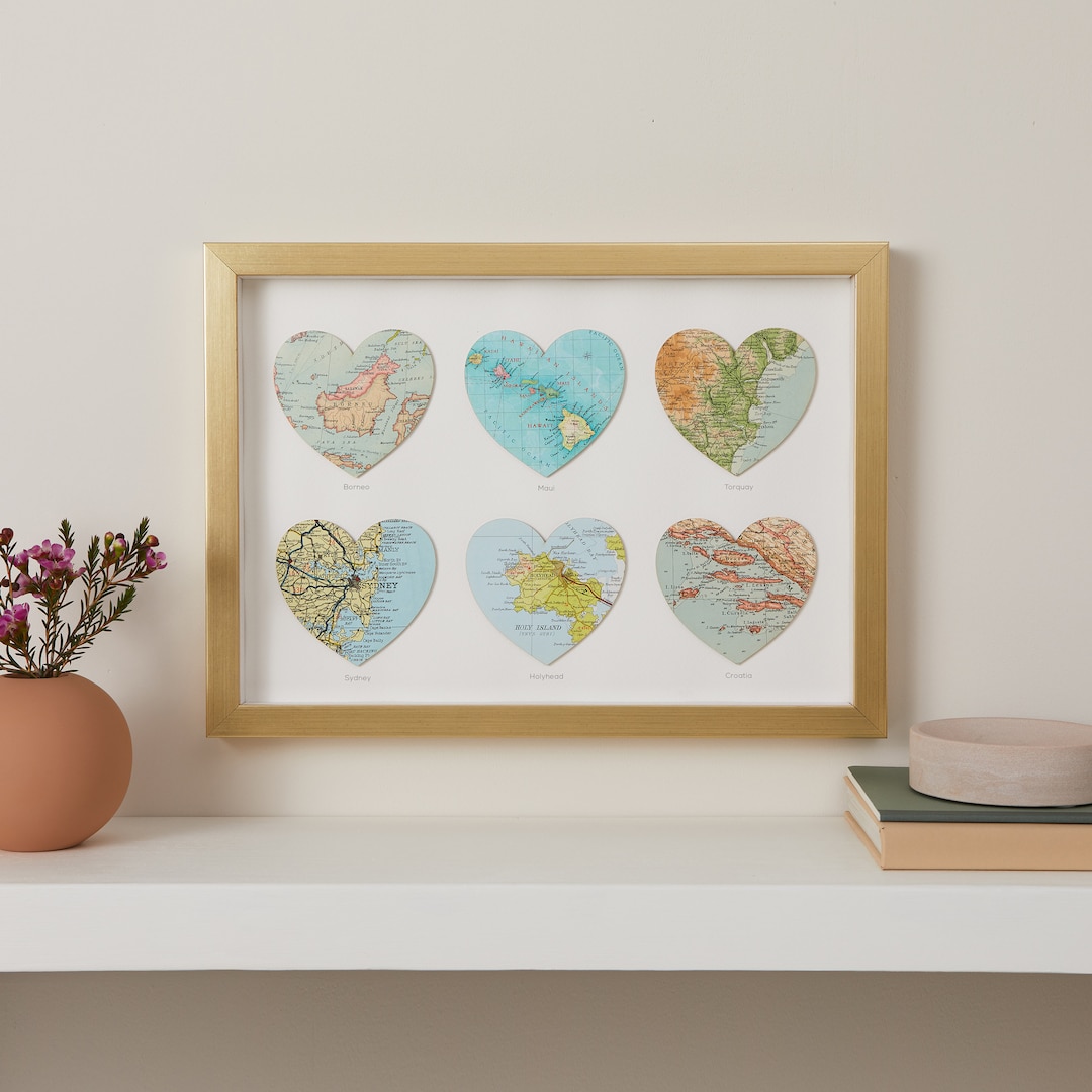 Custom Map Heart Print Gift - Six Map Hearts Wall Art - Wedding ...