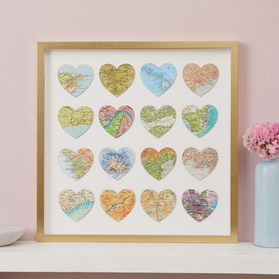 Custom Map Heart Wedding Anniversary Gift - Sixteen Map Hearts Golden ...