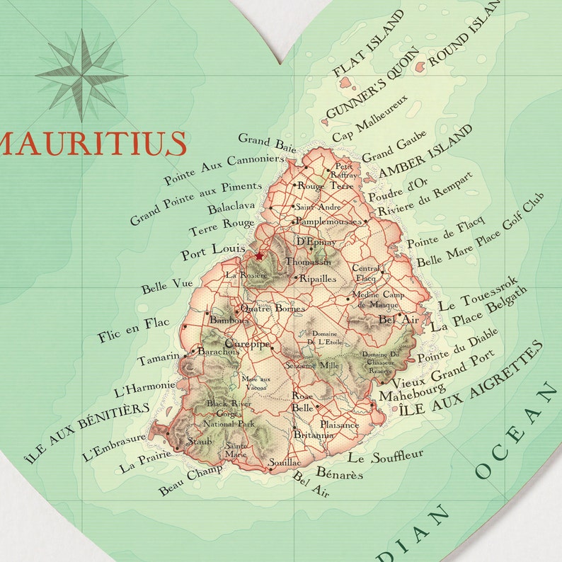 Mauritius Map Heart Print - Illustrated Honeymoon Map of Mauritius in ...