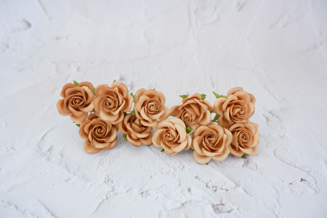 10 35mm Paper Sand Brown Roses With Wire Stem, 3.5 Round Roses Design B ...