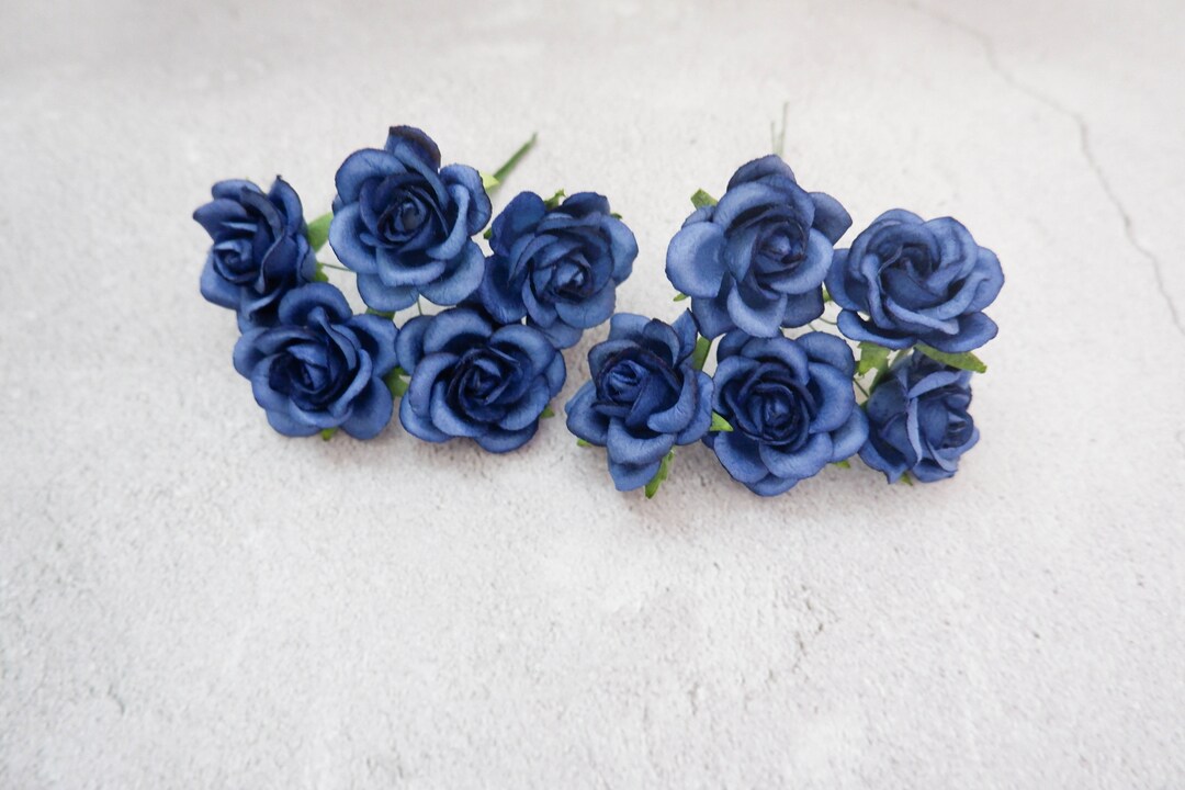 10 35mm Paper Royal Navy Blue Roses With Wire Stem, 3.5 Round Blue ...