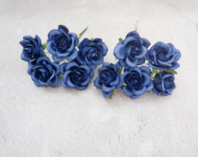 10 35mm Paper Royal Navy Blue Roses With Wire Stem, 3.5 Round Blue ...