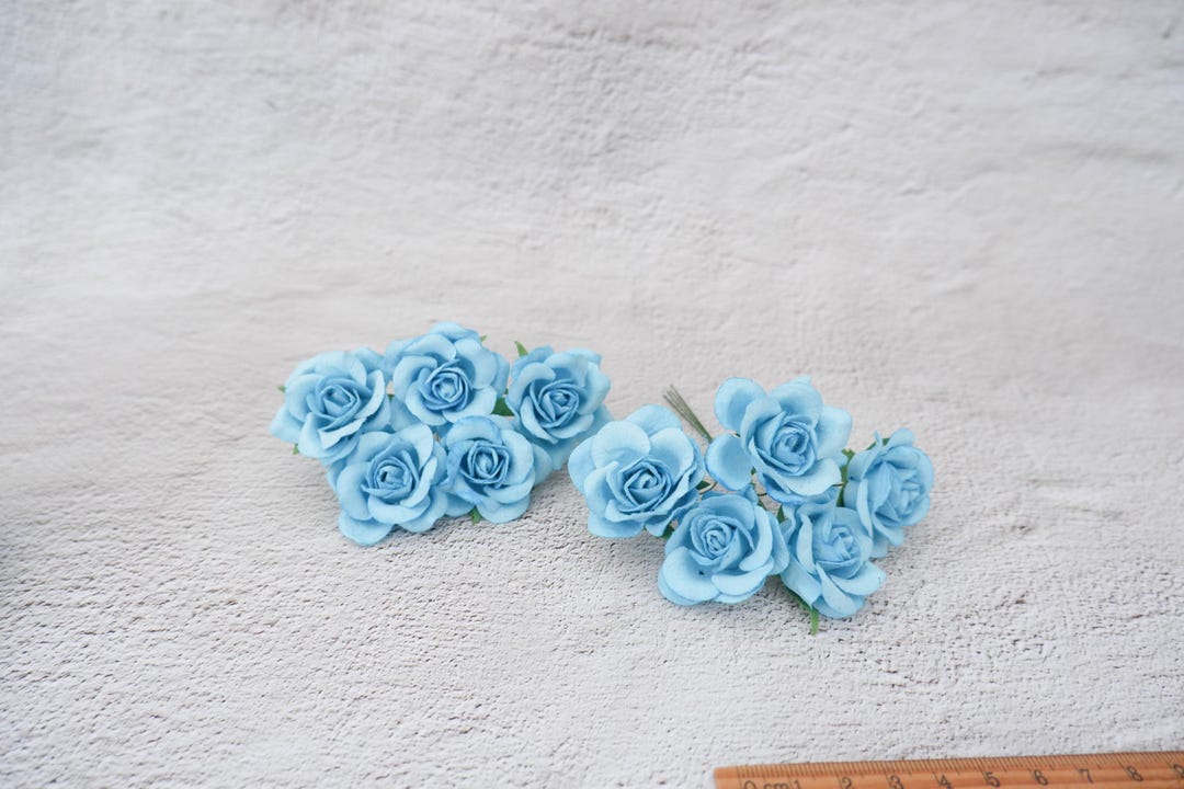 10 35mm Paper Turquoise Blue Roses With Wire Stem, 3.5 Round Blue Roses ...