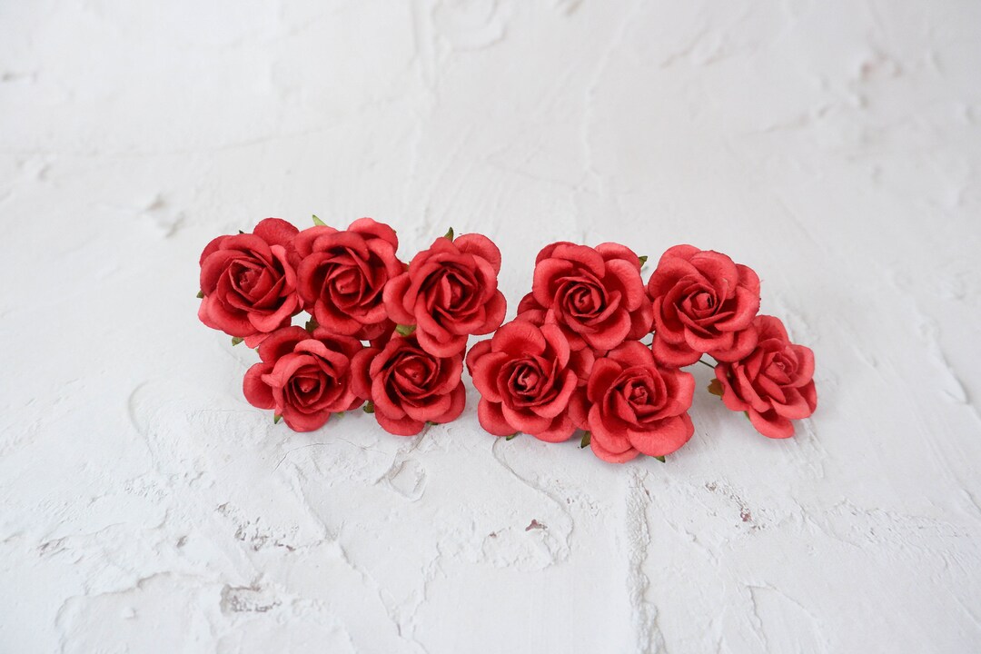 10 35mm Paper Warm Red Roses With Wire Stem, 3.5 Round Roses Design B ...