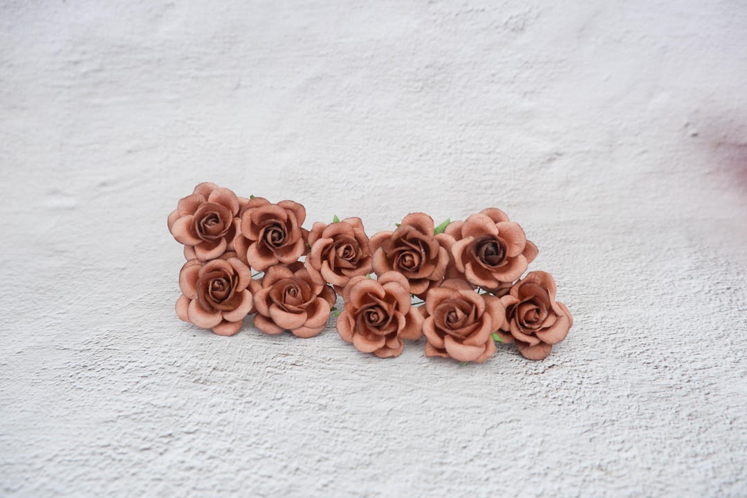 10 35mm Paper Rust Mauve Brown Roses With Wire Stem, 3.5 Round Roses ...