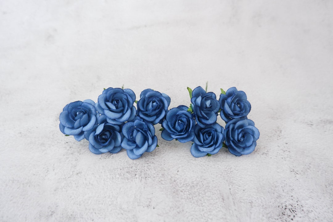 10 35mm Paper Royal Blue Roses With Wire Stem, 3.5 Round Blue Roses ...