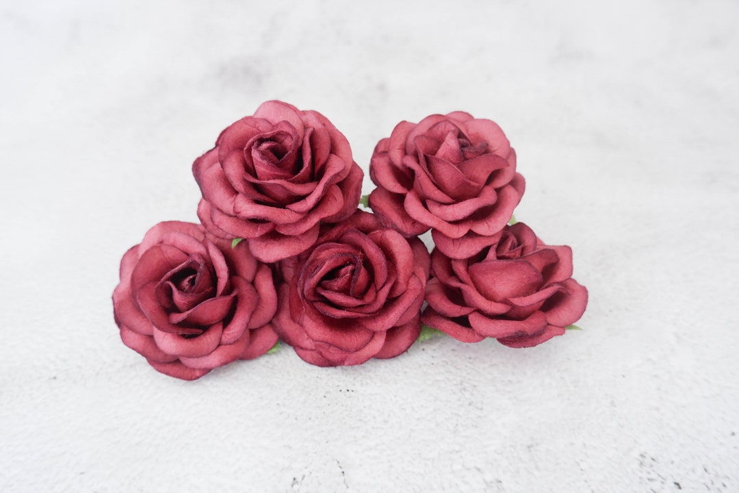 5 Pc, 60mm Maroon Burgundy Paper Roses With Wire Stems, 6 Cm Burgundy ...