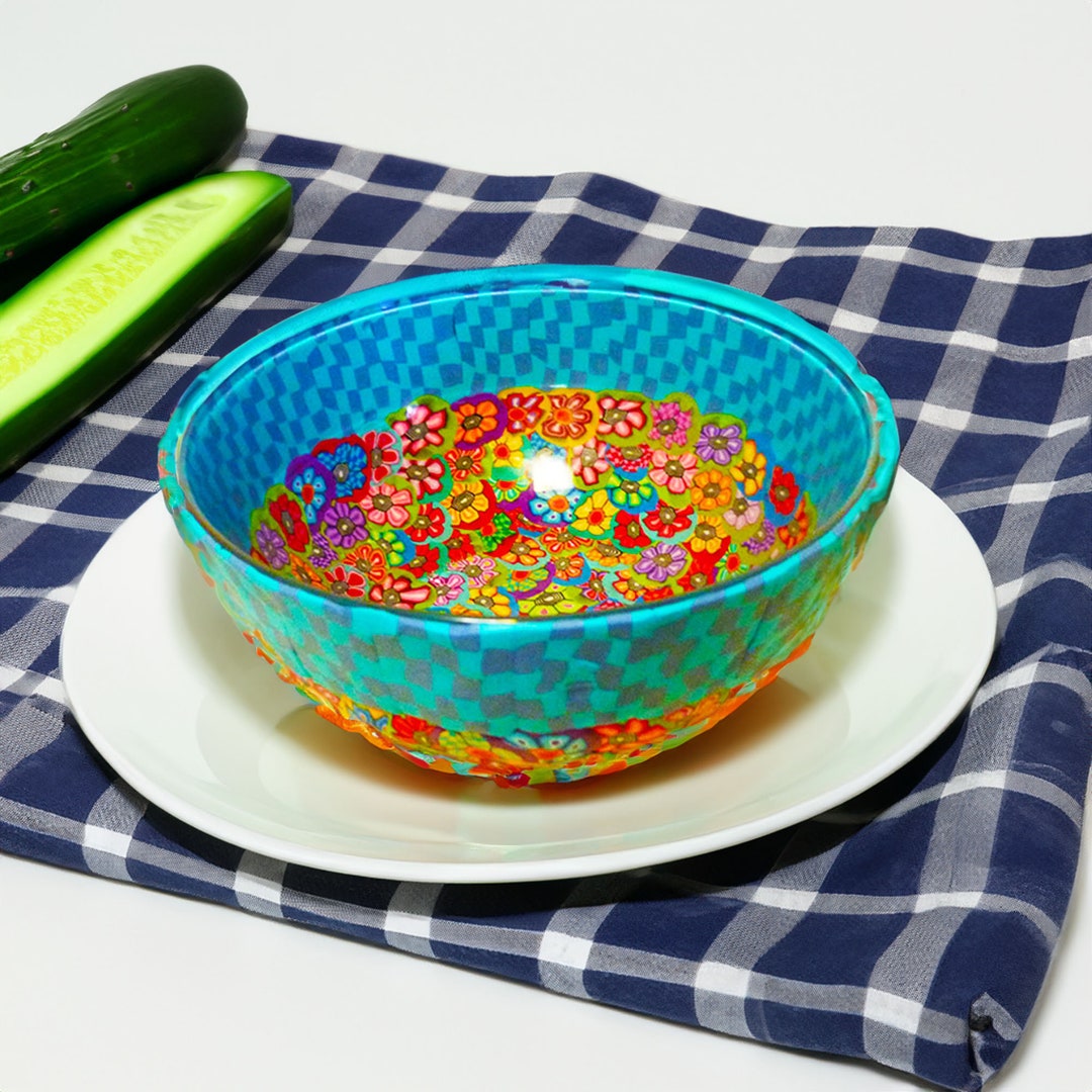 Handmade Glass Serving Bowl: Polymer Clay Floral Design, Israeli Art - Etsy