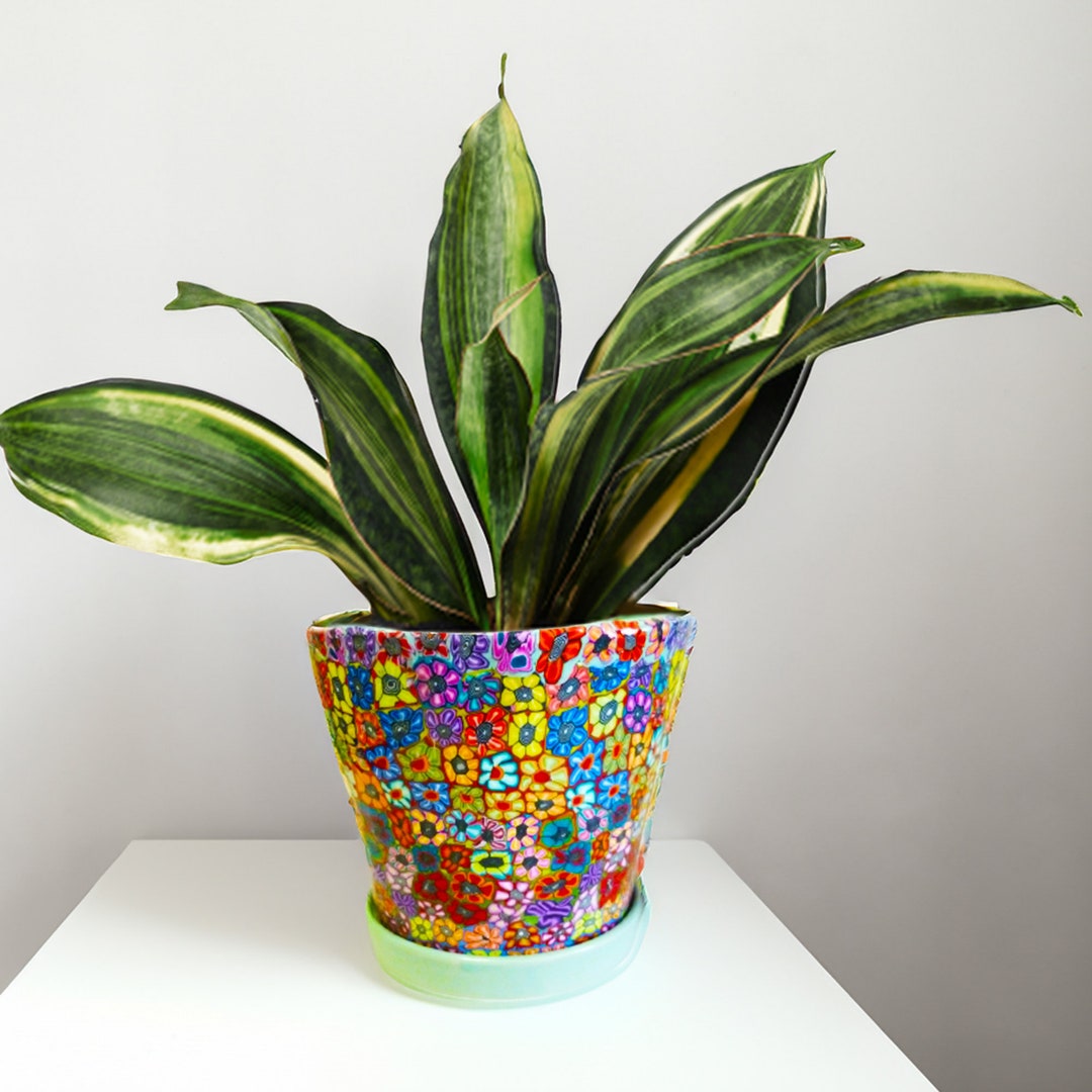Handmade Ceramic Flower Pot With Saucer: Colorful Millefiori Clay ...