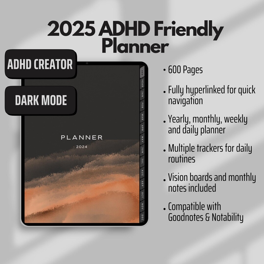ADHD Digital Planner, 2025 Digital Planner, ADHD Dark Mode Digital ...