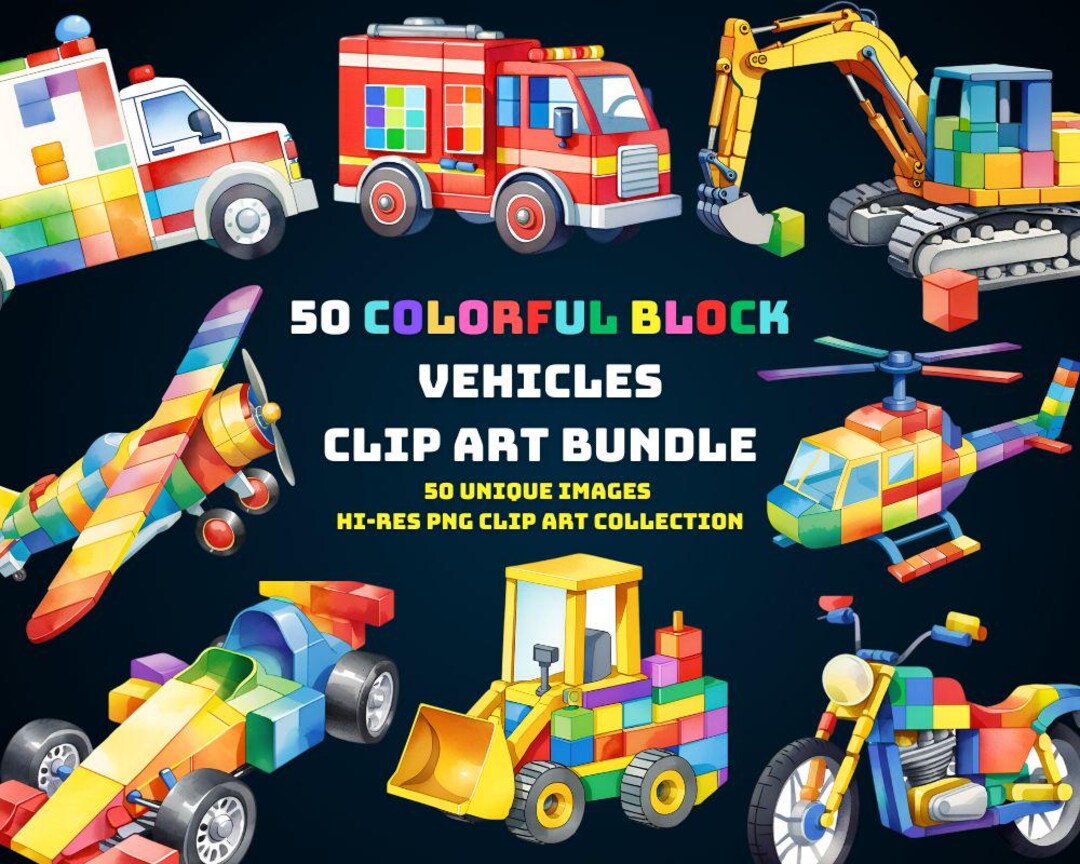 50 Block-built Vehicles Clip Art Bundle– Digital Download | Colorful ...