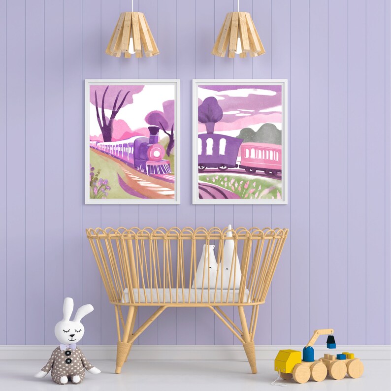 Pink-purple Trains Wall Art Set trains in the Mountains: Digital ...