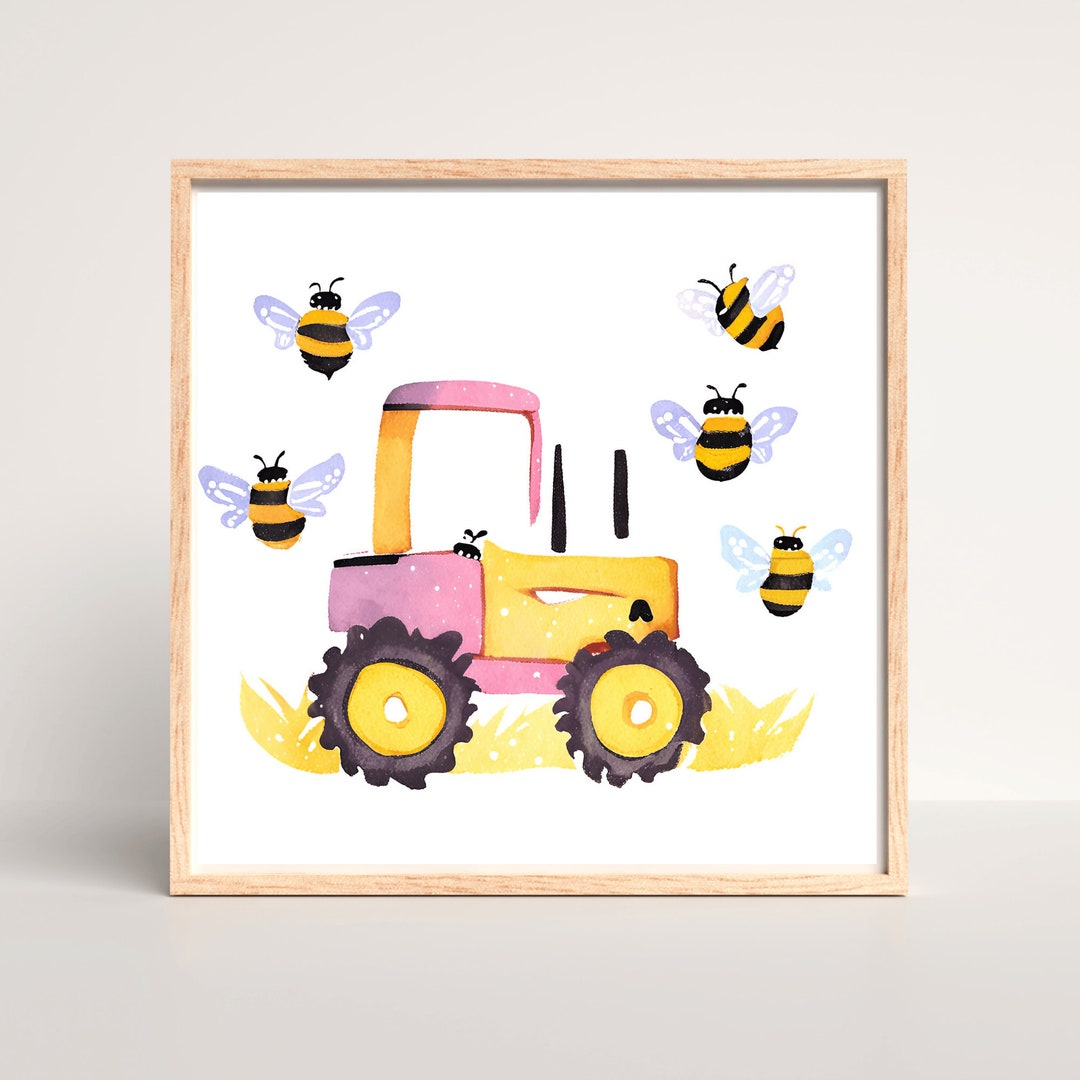 Vintage Bumblebee Beekeeper Tractor, Digital Square Print: Kids Decor ...