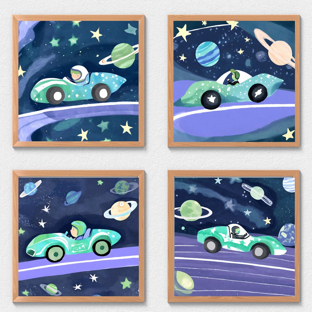 Blue-green Space Racecars Wall Art Set racecars in Outerspace: Digital ...