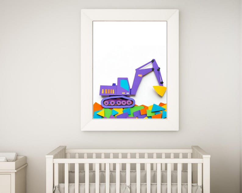 Purple Excavator Digital Print: Construction Papercut Art for Baby ...