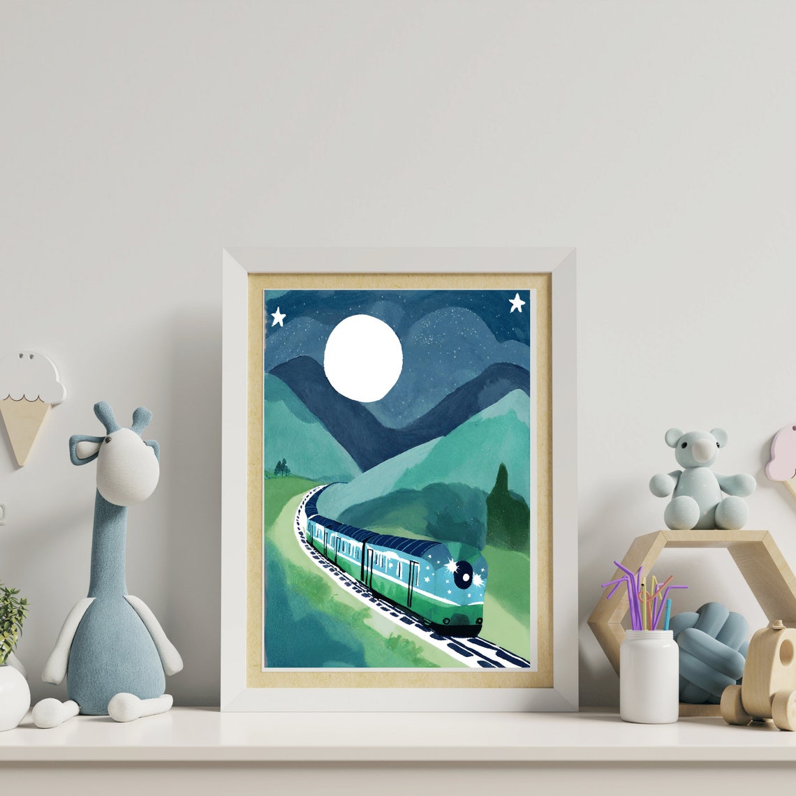 Blue/green Trains at Night 4: Kids Decor, Vehicle Wall Art, Nursery ...
