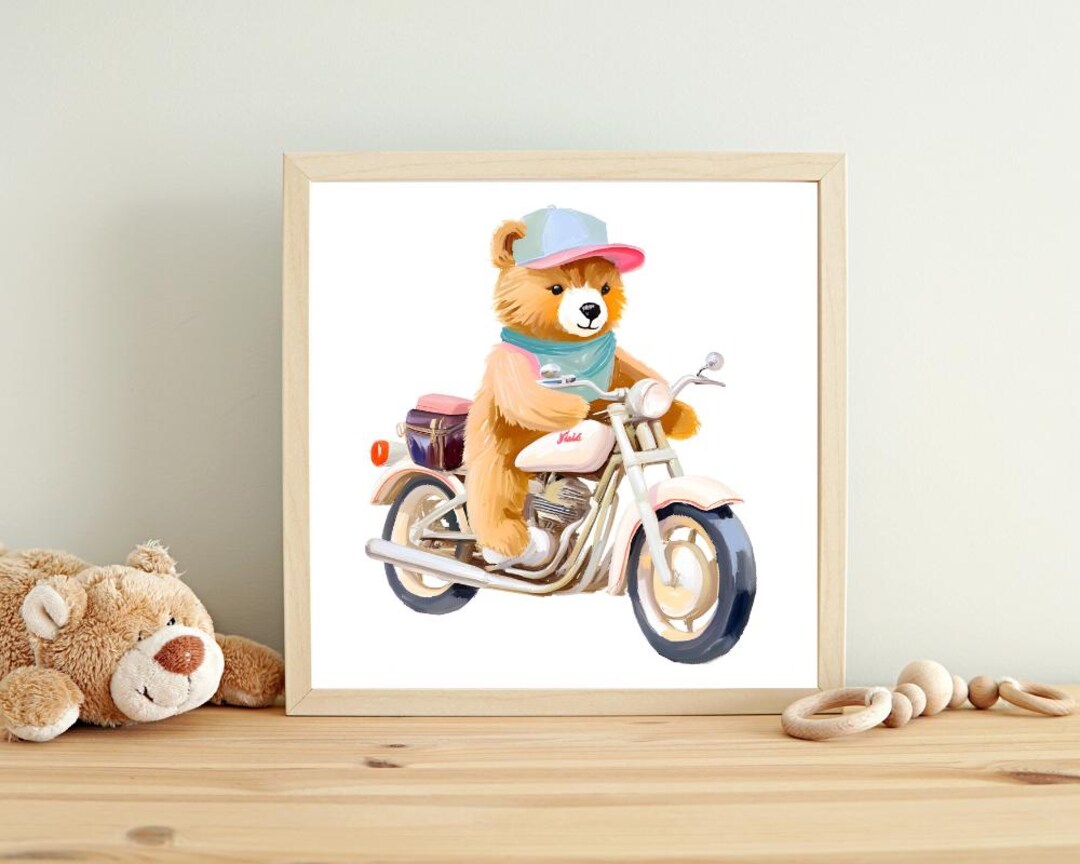 Vintage Motorcycle Teddy Bear Nursery Print: Travel-themed Kids Room ...