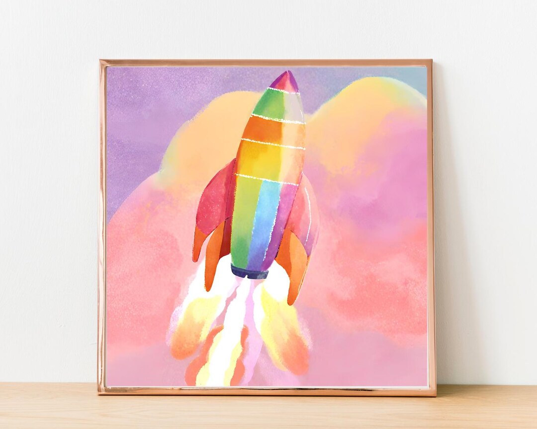 Rainbow Rocketship Wall Art for Kids | Colorful Space-themed Printable ...