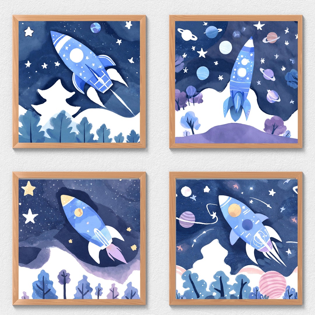 Rocket Ships in Space Wall Art Set blue Space Ships in Outerspace ...
