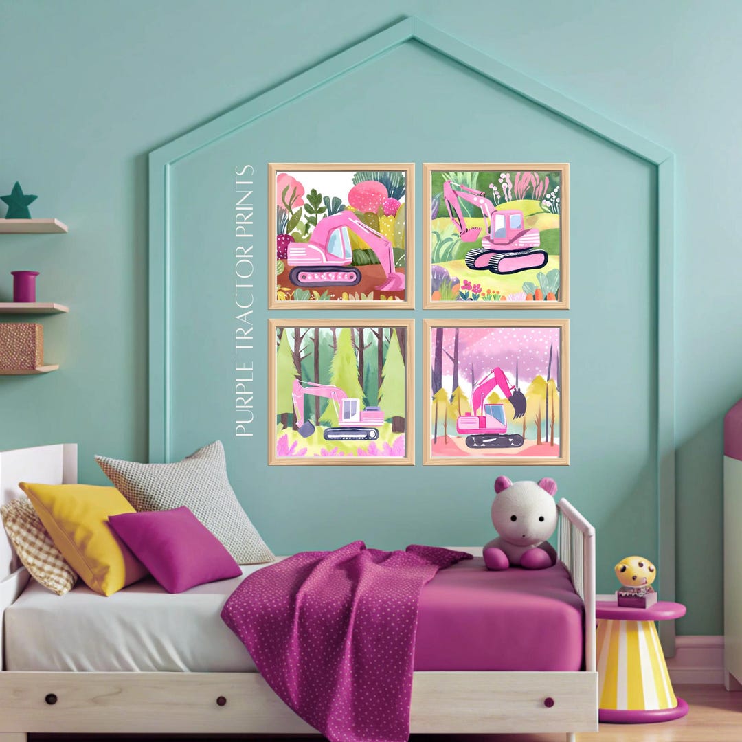 Pink Excavator Digital Download Wall Art Set of 4 Square Prints Vehicle ...