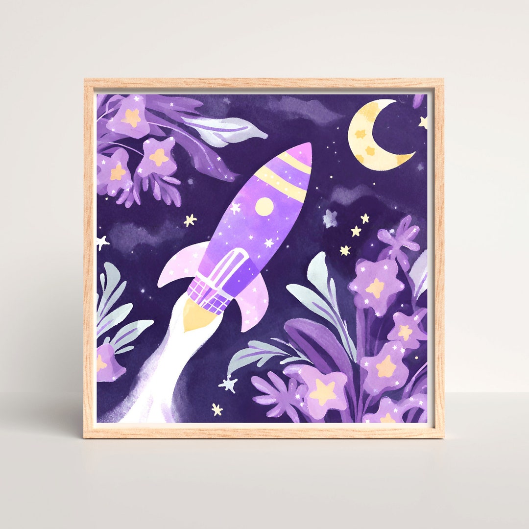 Purple Rocket Ship in Outer Space Square Print Rocket Ship With Moon ...