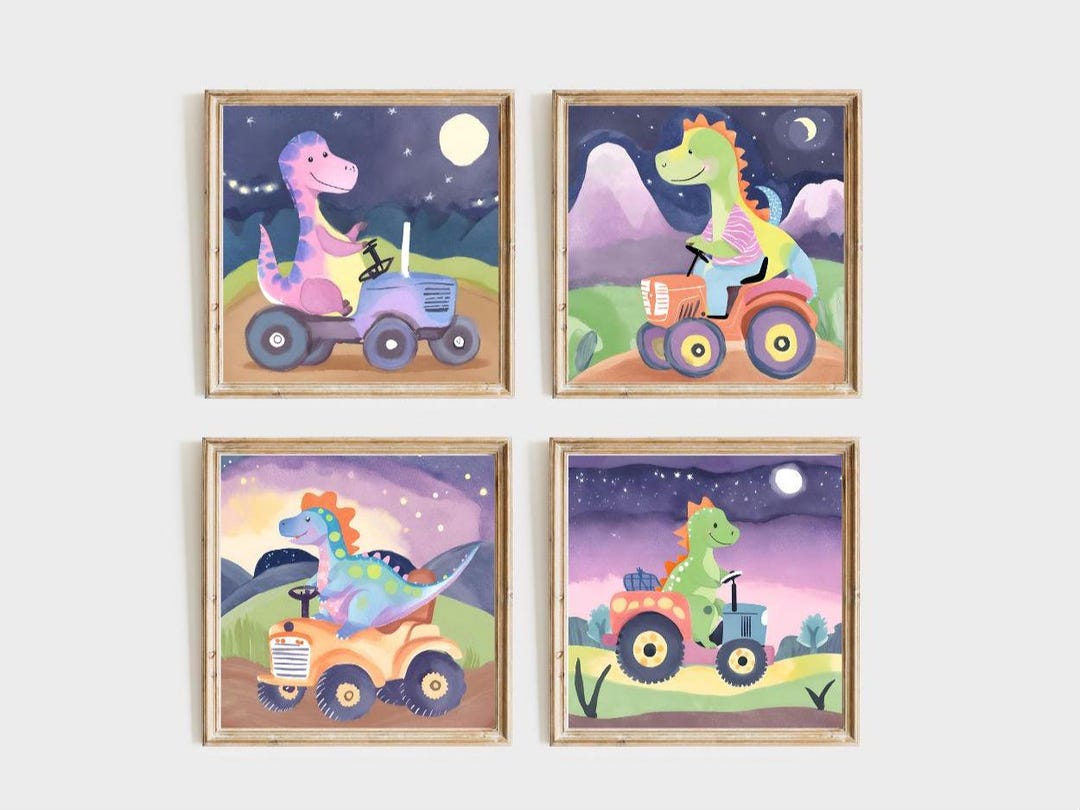 Dinosaur Tractor Nighttime Print Set: Kids Room Wall Art (digital ...