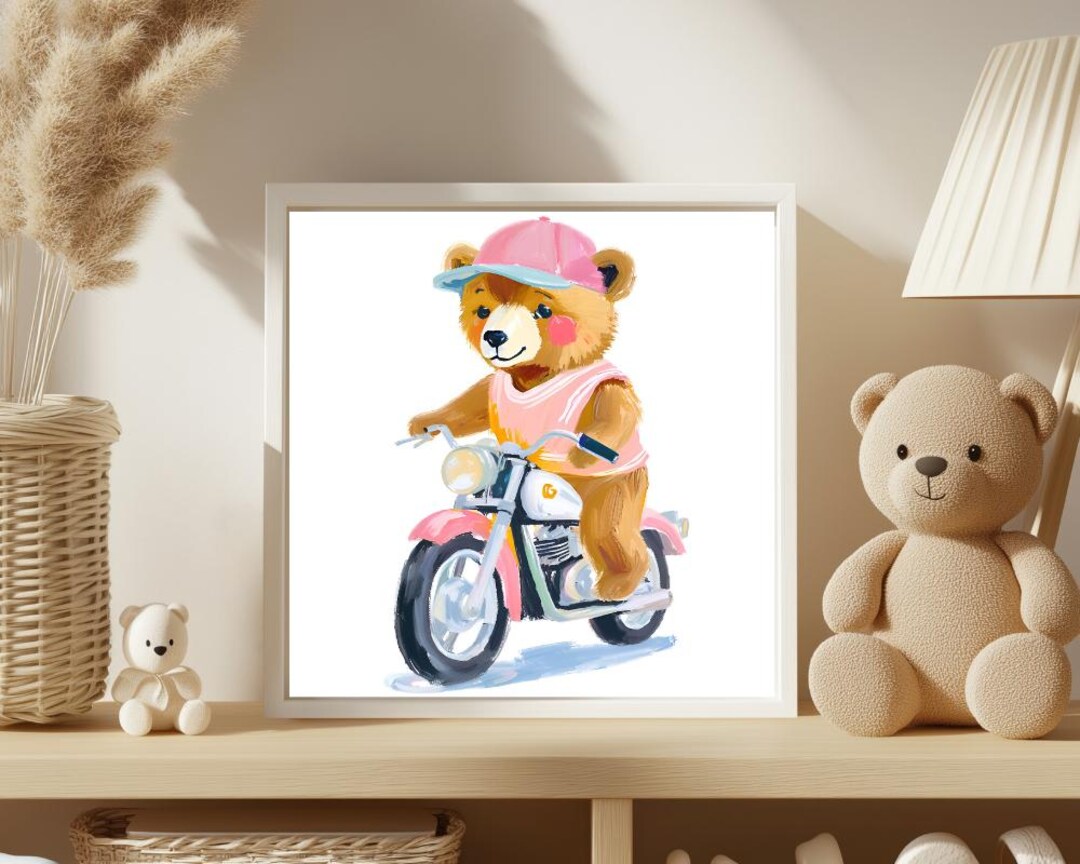 Teddy Bear Motorcycle Art Print: Vintage Nursery Decor (digital ...