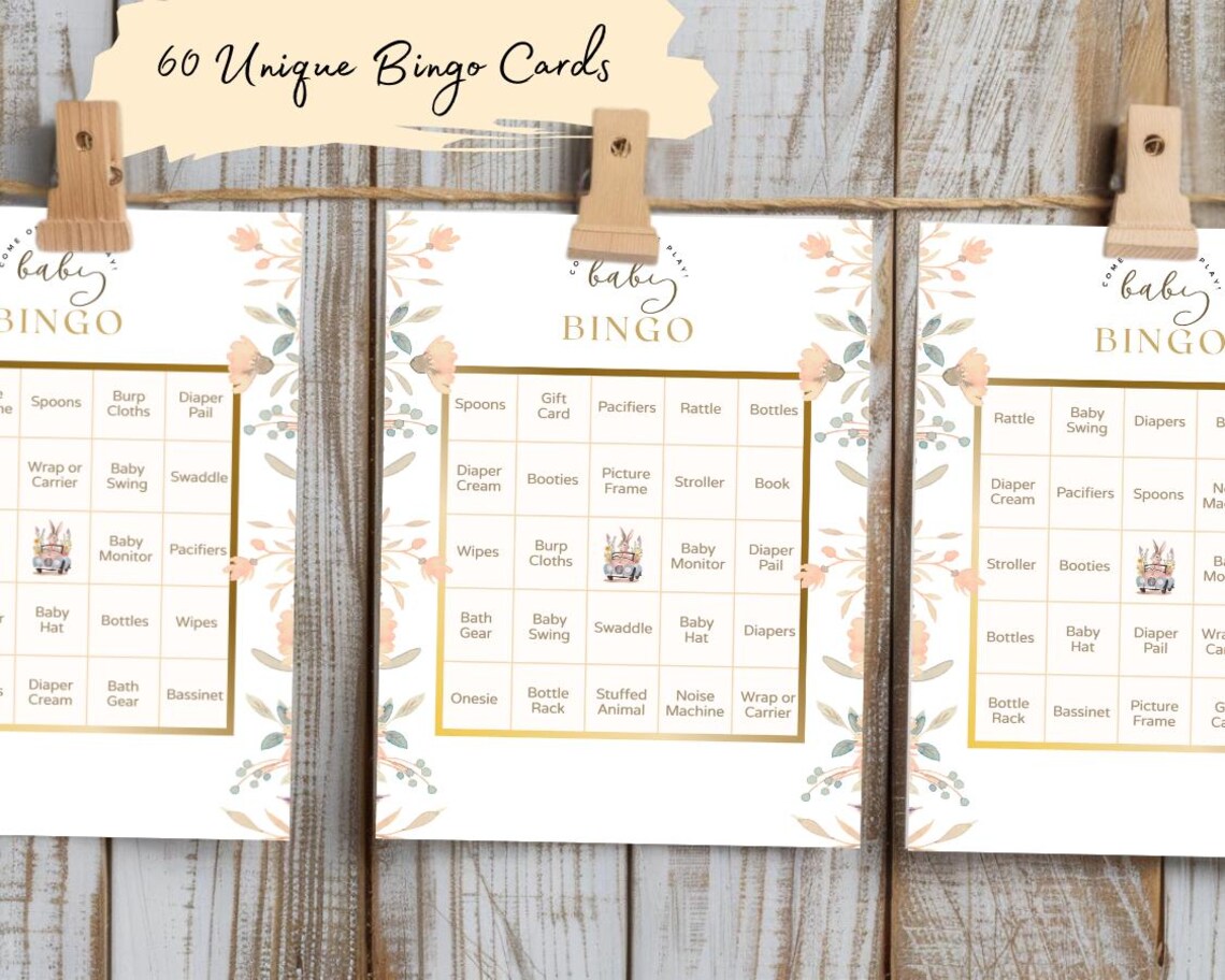 Baby Shower Bingo, 60 Unique Game Cards, Vintage Floral Woodland Bunny ...